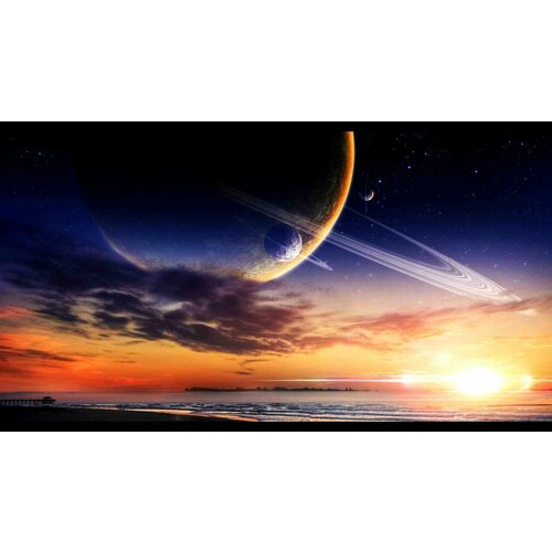 Картина на холсте 60x110 LinxOne "Море причал пирс планета закат" интерьерная для дома / на стену / на кухню / с подрамником