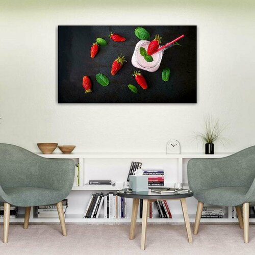 Картина на холсте 60x110 LinxOne "Красная клубника на черном столе" интерьерная для дома / на стену / на кухню / с подрамником
