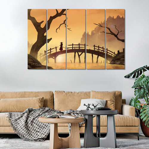 Модульная картина/Модульная картина на холсте/Модульная картина в подарок/Lonely samurai on the bridge - Одинокий самурай на мосту 150х100