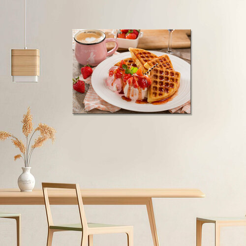 Картина/Картина на холсте для интерьера/Картина на стену/Картина для кухни/ - Вафли с клубникой и мороженым 50х70