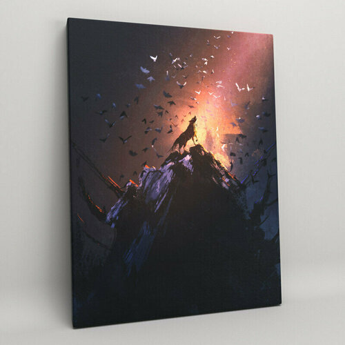 Картина на холсте (интерьерный постер) "Волк воющий на скале на птиц", с деревянным подрамником, размер 22x30 см