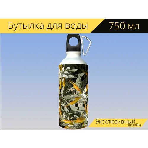 Бутылка фляга для воды "Цветы, желтый, калбарри ковер" 750 мл. с карабином и принтом