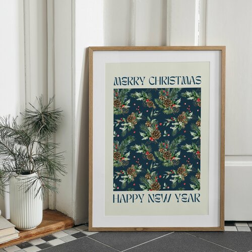 Постер интерьерный новогодний с принтом шишки и ягоды, надпись Merry Christmas Happy New year, 40х60 см, без рамы