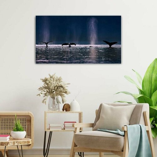 Картина на холсте 60x110 LinxOne "Горбатые киты плавник брызги" интерьерная для дома / на стену / на кухню / с подрамником