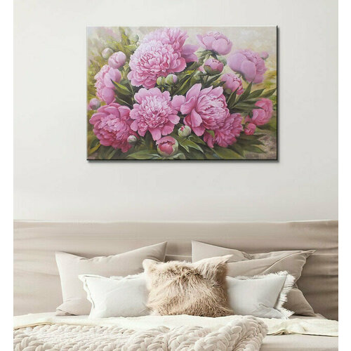 Интерьерная картина на холсте на стену - "Розовые пионы маслом, цветы пионы в нежных тонах 60х80"
