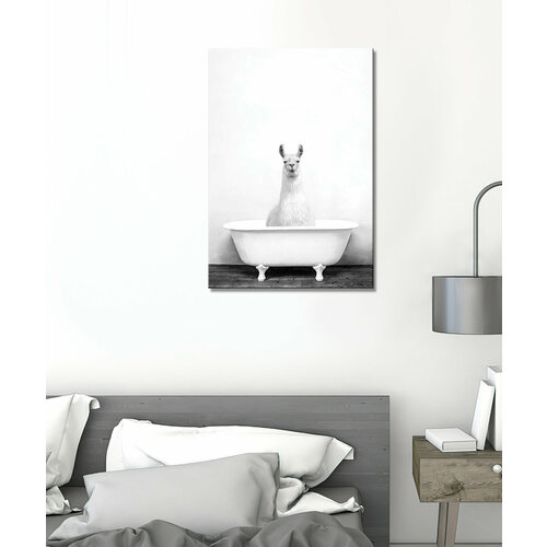 Интерьерная картина - "Лама в ванне, черно-белый арт 30х40"