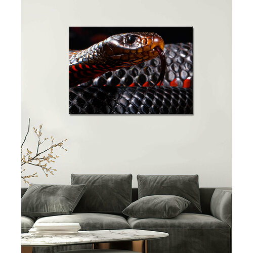 Картина - змея, чёрная змея, змея высовывает язык, змея на чёрном фоне (3) 50х70