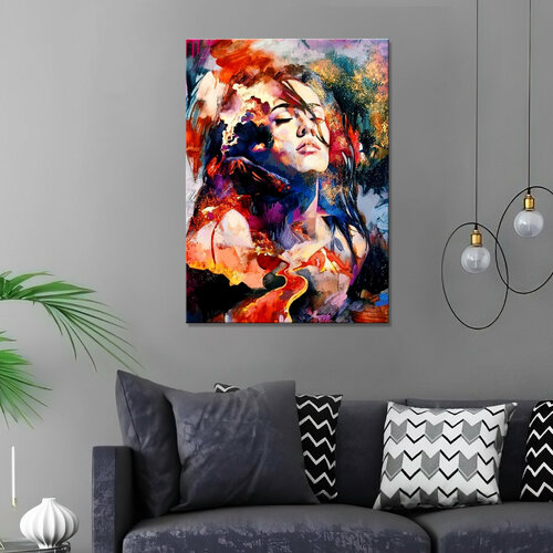 Картина интерьерная-Яркая девушка в тёплых тонах акварель арт 50х70