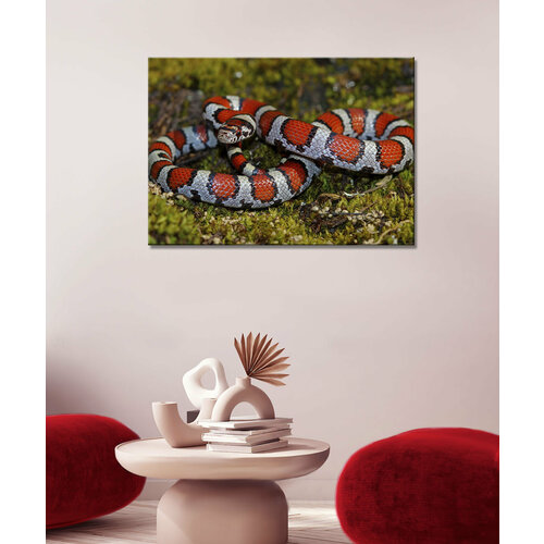 Картина - змея, королевская змея, красная змея, белые пятна, змея в траве (33) 20х30