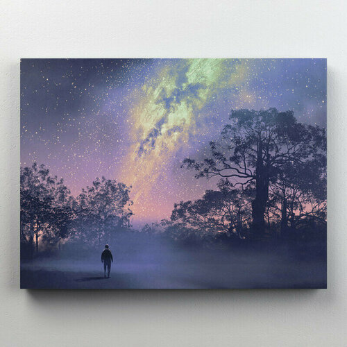 Интерьерная картина на холсте "Мужчина в лесу наблюдает за фантастическим явлением на небе" размер 60x45 см