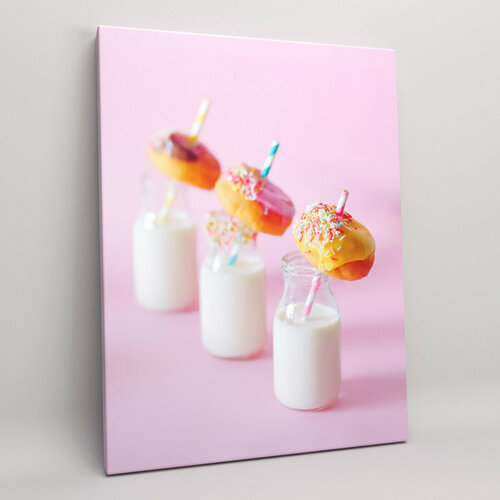 Картина на холсте (интерьерный постер) "Молочный коктейль с пончиками" для кухни, кафе и ресторанов, с деревянным подрамником, размер 45x60 см