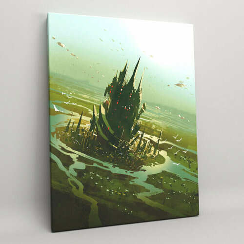 Картина на холсте (интерьерный постер) "Инопланетный город - арт", с деревянным подрамником, размер 22x30 см