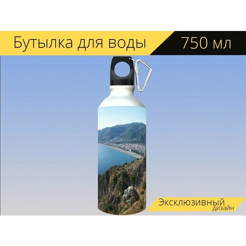 Бутылка фляга для воды "Турция, алания, пляж клеопатры" 750 мл. с карабином и принтом