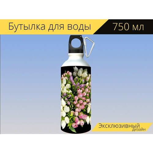 Бутылка фляга для воды "Цветы, букет, тюльпаны" 750 мл. с карабином и принтом