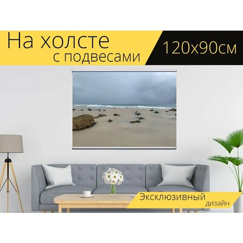 Картина на холсте "Пляж, песок, океан" с подвесами 120х90 см. для интерьера