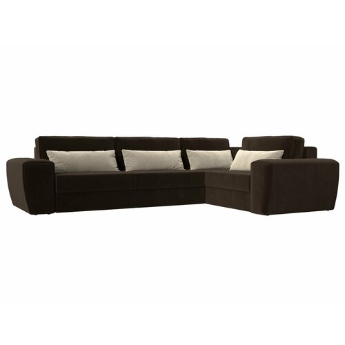 Угловой диван Лига-008 Long правый, Микровельвет коричневый, подушки коричневые и бежевые