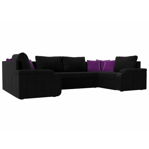 П-образный диван Николь, Микровельвет черный, Экокожа фиолетовая