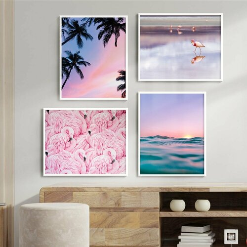 Набор постеров 4 шт "Розовый закат и фламинго" плакат для интерьера, картина на стену