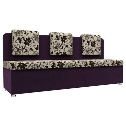 Кухонный прямой диван Маккон 3-х местный, Рогожка Цветы и Велюр фиолетовый