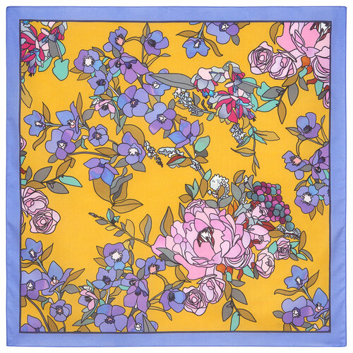 Платок Павловопосадская платочная мануфактура,70х70 см, синий, розовый
