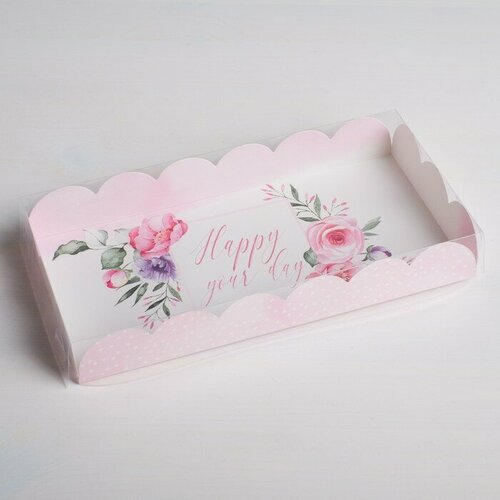 Коробка для кондитерских изделий с PVC-крышкой «Happy your day», 21 × 10,5 × 3 см