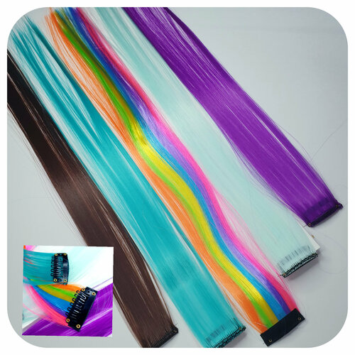 Набор цветных прядей на заколках ( 5 штук по 47 см ) / разноцветные пряди на Клик-клак / цветные волосы на заколках .