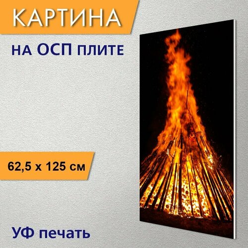 Вертикальная картина на ОСП "Огонь, пламя, угли" 62x125 см. для интерьериа