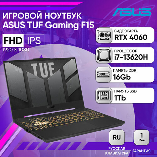 Ноутбук ASUS TUF Gaming F15 FX507VV-LP192 15.6" FHD IPS 250N 144Hz/i7-13620H/16GB/1TB SSD/RTX 4060 8GB/DOS/Mecha Gray/Русская раскладка