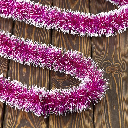 Мишура с инеем новогодняя на елку, для праздника, длина 2,2 метра, малый диаметр, цвет розовый