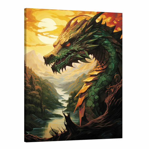 Интерьерная картина 50х70 "Зеленый деревянный дракон на фоне заката над горами"
