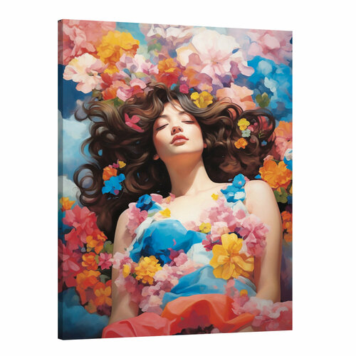 Интерьерная картина 50х70 "Девушка, окруженная цветочным облаком"