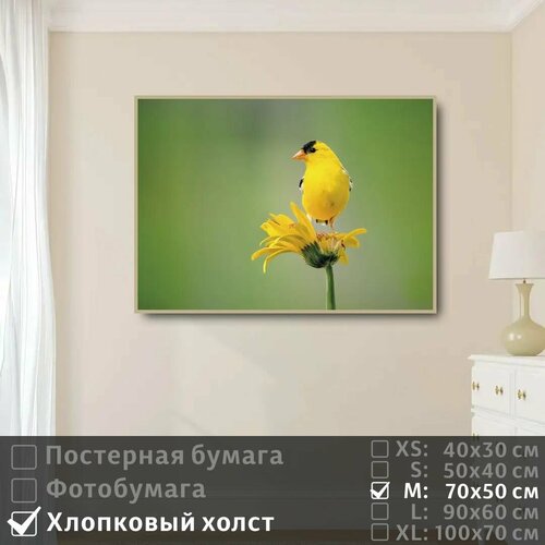 Постер на холсте Птичка Желтая Сидит На Цветке 70х50 см ПолиЦентр