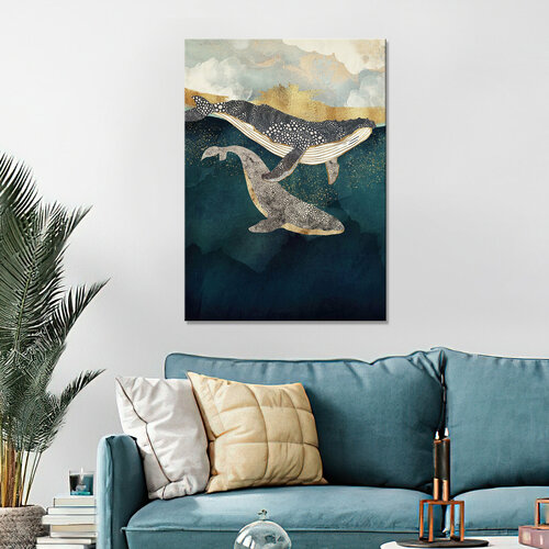 Картина интерьерная-Сине-золотые киты арт 20х30
