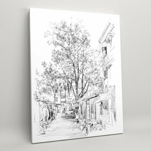Картина на холсте (интерьерный постер) "Скетч улицы в чб", с деревянным подрамником, размер 22x30 см