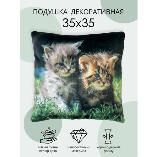 Подушка декоративная Сонные котики, подушка из велюра, для дивана и кресла, подушка в подарок, размер 35х35 см.