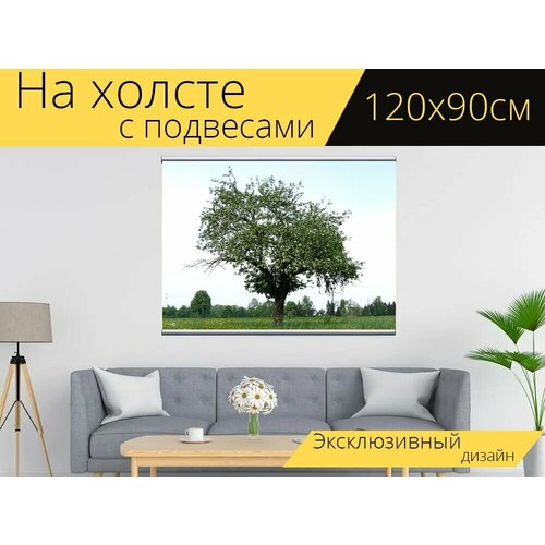 Картина на холсте "Яблоня, дерево, яблоневый цвет" с подвесами 120х90 см. для интерьера