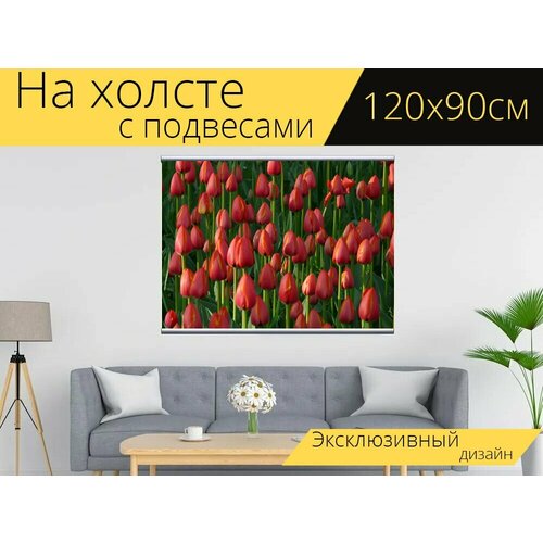 Картина на холсте "Поле тюльпанов, тюльпаны, красный" с подвесами 120х90 см. для интерьера