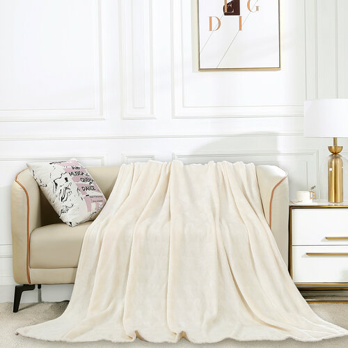 Плед 180х200 пушистый двуспальный Cleo Magnolia, молочный, покрывало на кровать и диван, велсофт