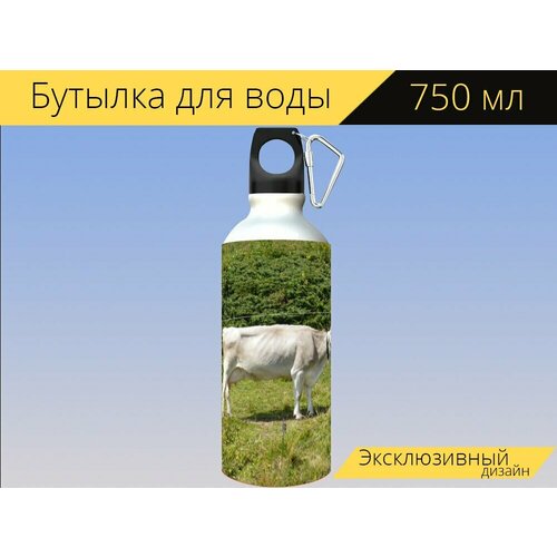 Бутылка фляга для воды "Корова, фермерский двор, животное" 750 мл. с карабином и принтом