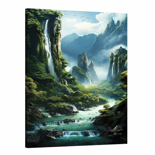 Интерьерная картина 50х70 "Пейзаж с горной рекой и водопадами"