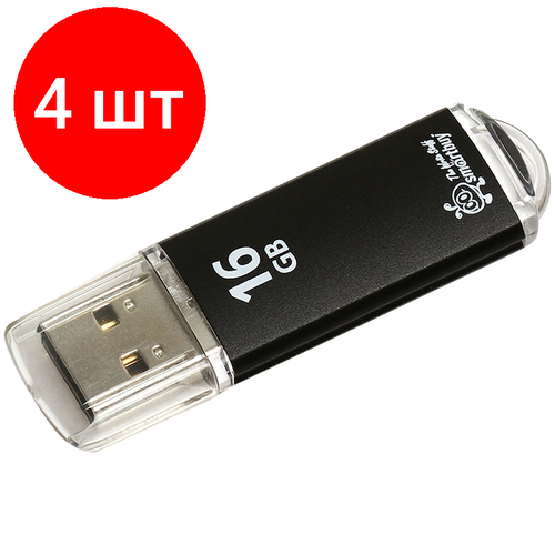 Комплект 4 шт, Память Smart Buy "V-Cut" 16GB, USB 2.0 Flash Drive, черный (металл. корпус )