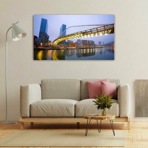 Картина на холсте 60x110 LinxOne "Мост, небоскребы, огни, вода" интерьерная для дома / на стену / на кухню / с подрамником