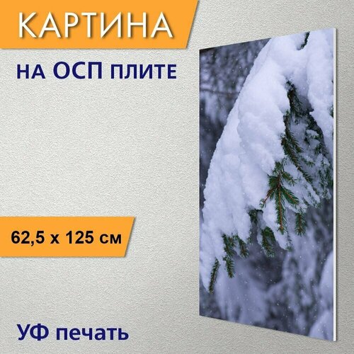 Вертикальная картина на ОСП "Зима, ветви, хвойные породы" 62x125 см. для интерьериа