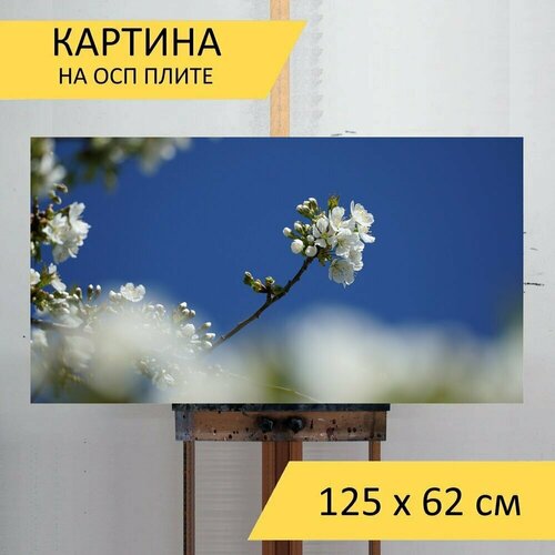 Картина на ОСП 125х62 см. "Вишня в цвету, цветок, весна" горизонтальная, для интерьера, с креплениями