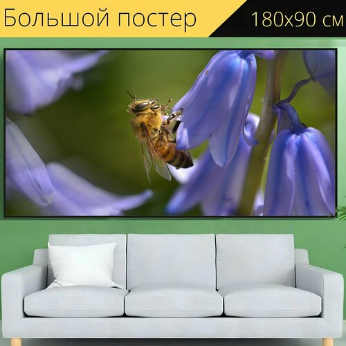 Большой постер "Пчела, цветы, насекомое" 180 x 90 см. для интерьера