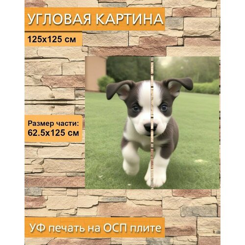 Модульная картина на ОСП любителям природы "Животные, щенок, бежит" 125x125 см. 2 части для интерьера на стену