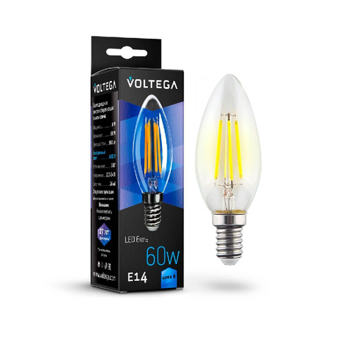 Лампа светодиодная филаментная Voltega E14 6W 4000К прозрачная VG10-C1E14cold6W-F 7020 (10 шт.)