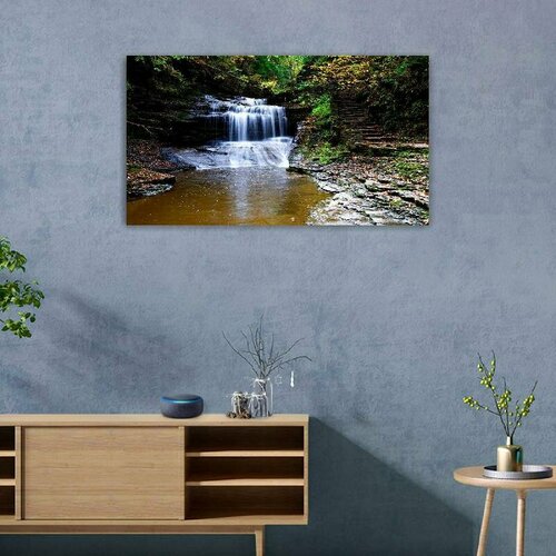 Картина на холсте 60x110 LinxOne "Деревья водопад скалы осень пейзаж" интерьерная для дома / на стену / на кухню / с подрамником