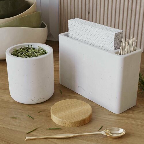 Набор для кухни Musko 23 (салфетница Lina, емкость для сыпучих продуктов Astrid S с деревянной крышкой), бетон, белый матовый