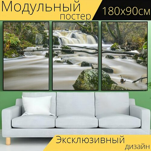 Модульный постер "Водопады, река, природа" 180 x 90 см. для интерьера